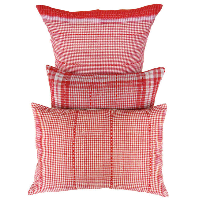 Red Check Cushion / Red Stitching - Sally Campbell, Handmade Textiles
