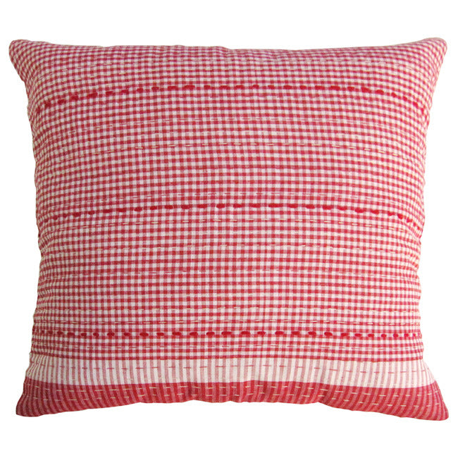 Red Check Cushion / Red Stitching - Sally Campbell, Handmade Textiles