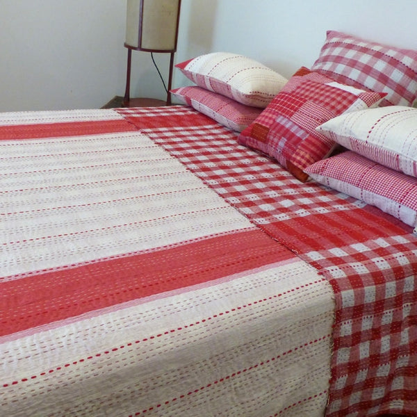 Red Stripe and Check Quilt - Sally Campbell, Handmade Textiles