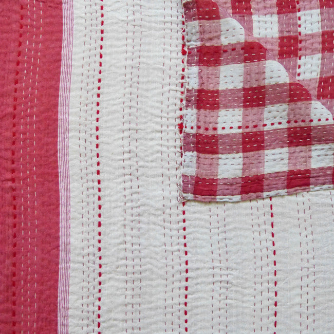 Red Stripe and Check Quilt - Sally Campbell, Handmade Textiles