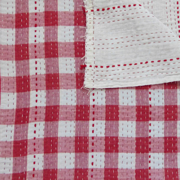 Red Stripe and Check Quilt - Sally Campbell, Handmade Textiles
